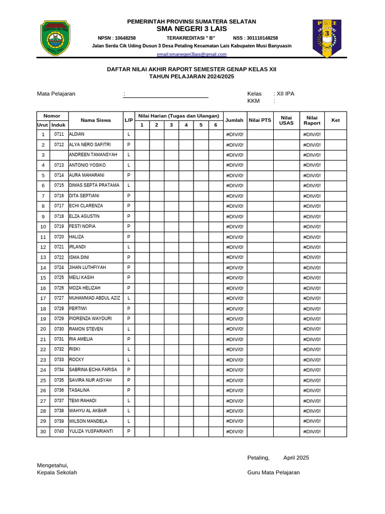 FORMAT NILAI RAPORT SEMESTER 6 KELAS XII SMAN 3 LAIS 2024-2025 PADLI | PDF