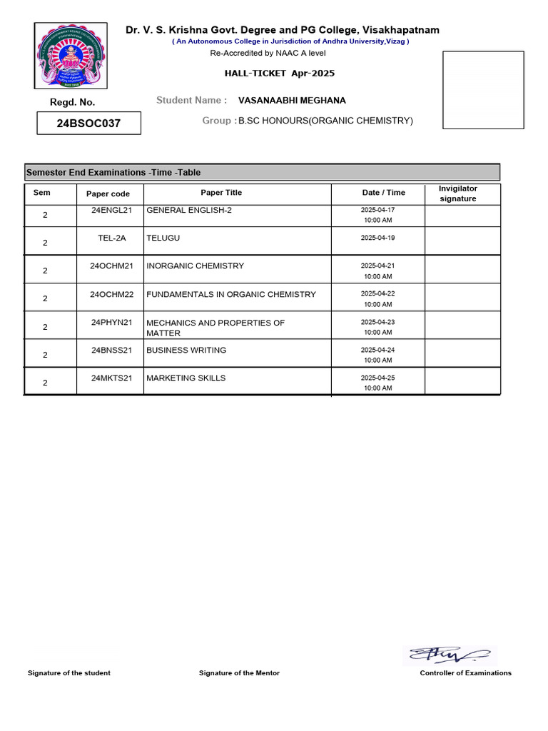 Hallticket 24bsoc037 Semester | PDF