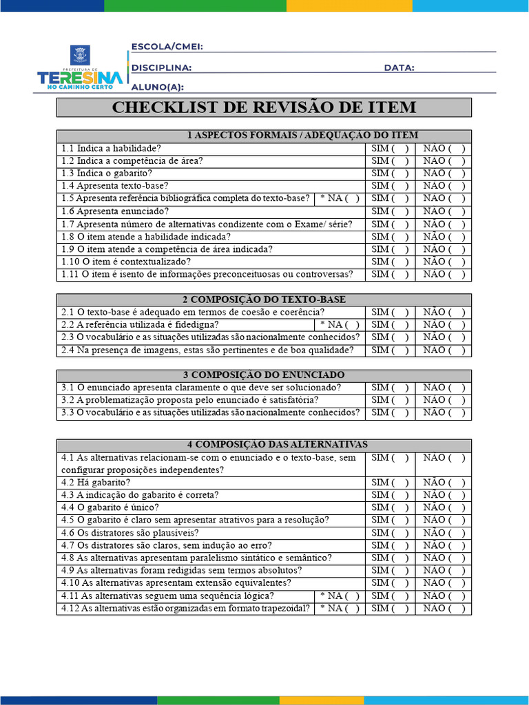 CHECKLIST DE REVISÃO DE ITEM | PDF