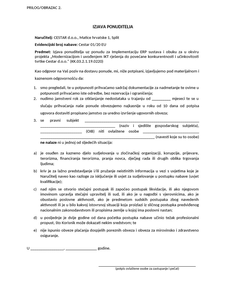 Prilog 2 Izjava Ponuditelja | PDF