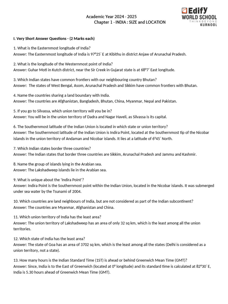 Chapter 1 - India - Size and Location | PDF | Equator | Continent