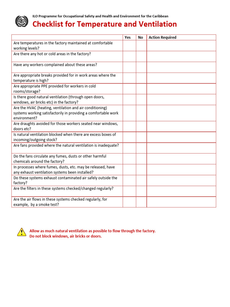 ILO - Checklist For Temperature and Ventilation | PDF