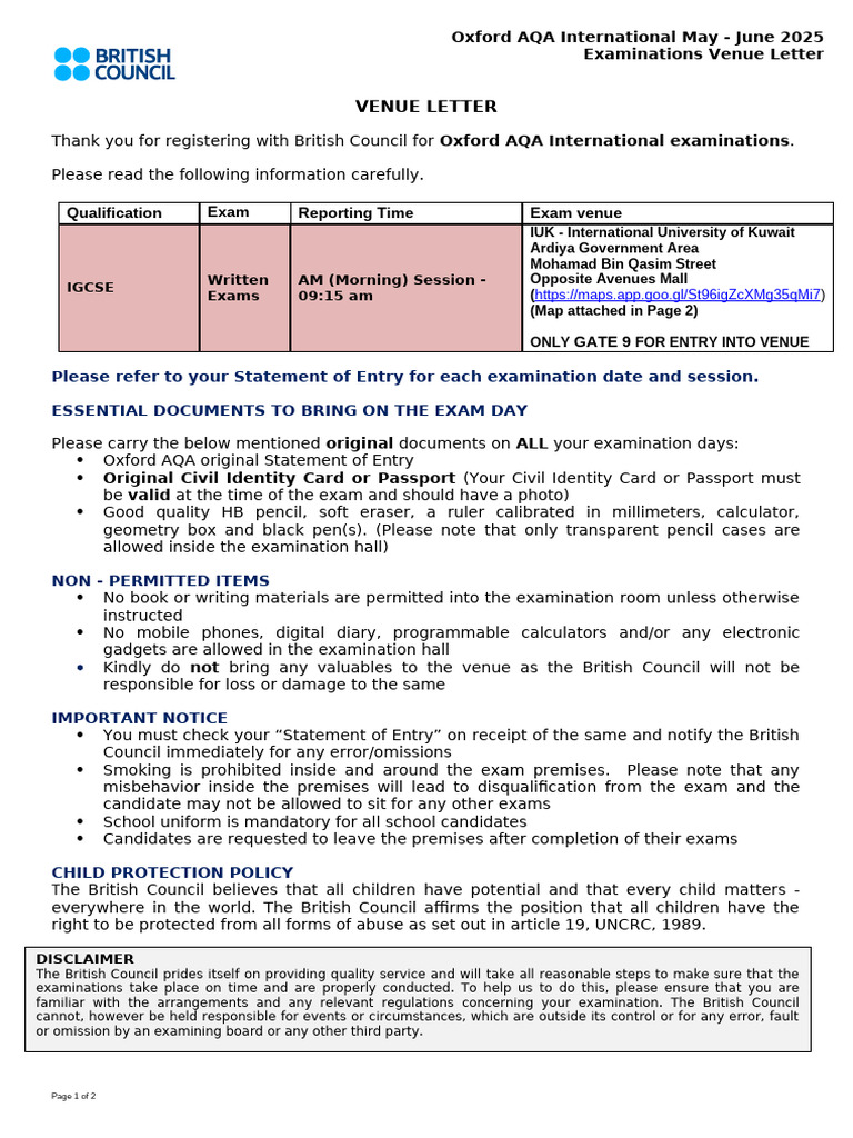 AQA May-June 2025 Venue Letter - IUK | PDF