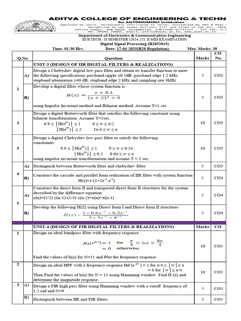 DSP MID-II QB (2024-25) - Removed | PDF | Electronic Engineering | Telecommunications Engineering