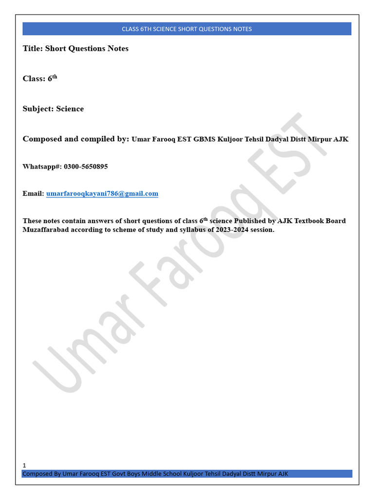 Science Class 6th Short Questions | PDF | Digestion | Series And ...
