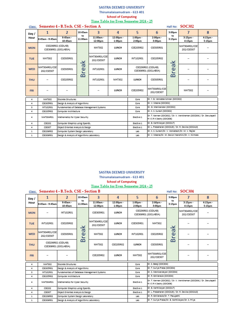 B.Tech CSE Semester 4 Timetable 2024-25 | PDF | Computer Science | Computing