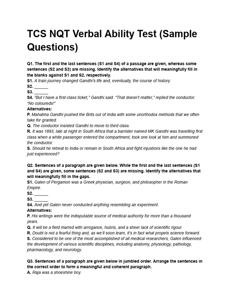 TCS NQT Verbal Ability Sample Questions | PDF