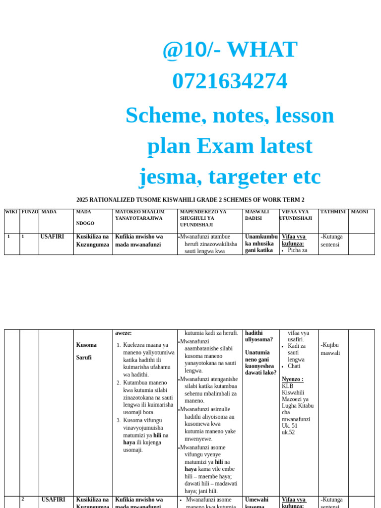 0721634274.Term2.Gr 2 Kiswahili Schemes of Work Term 2 | PDF