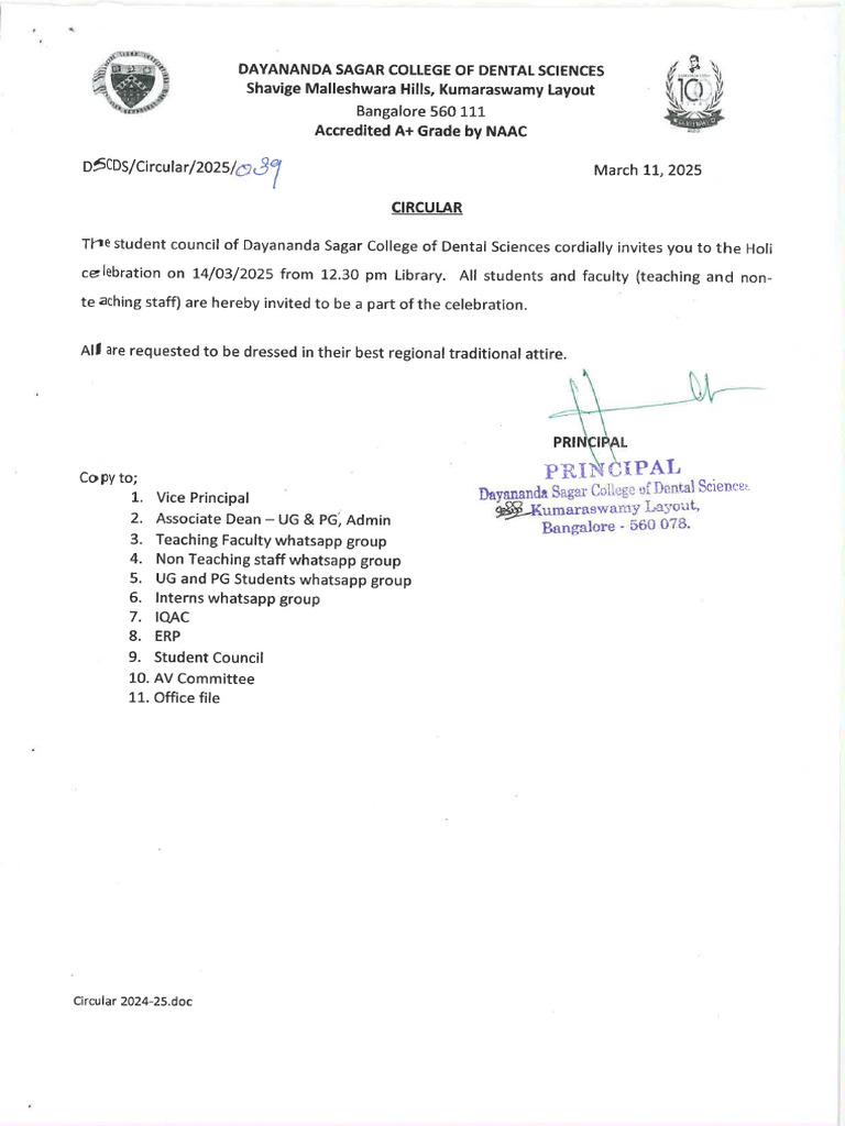 Circular - 039 - Holi Celebration On 14-03-2025 | PDF