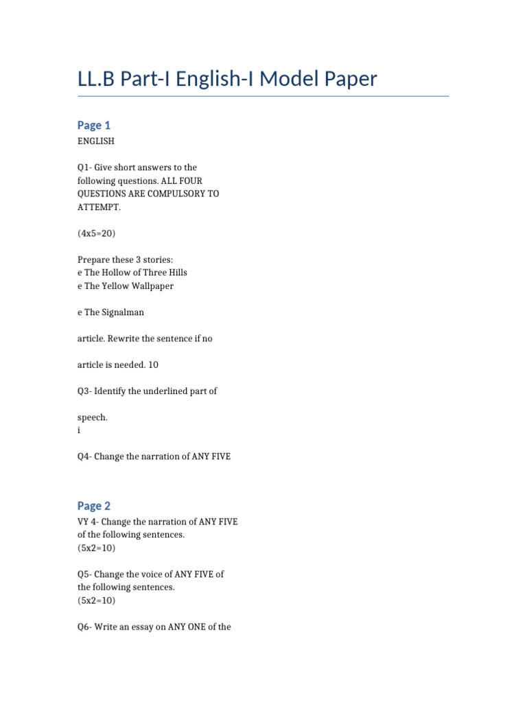 LLB English I Model Paper | PDF