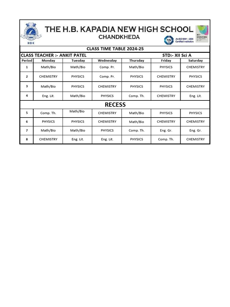 XII Science Time Table 2024-25 | PDF