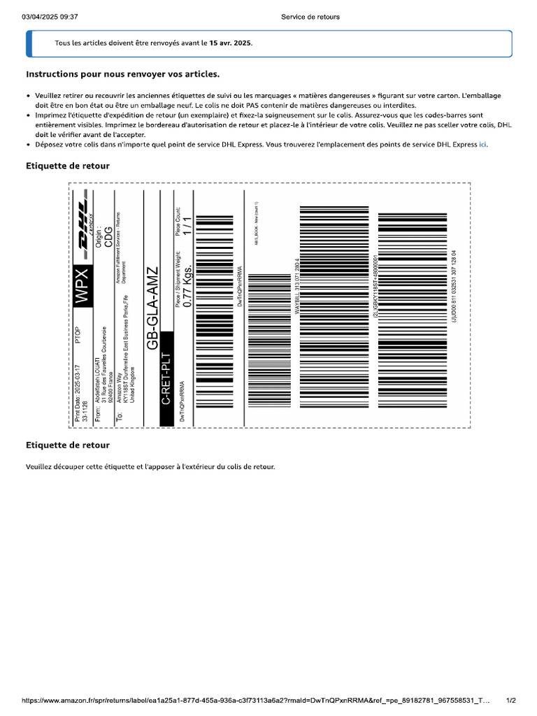 Etiquette Retour | PDF