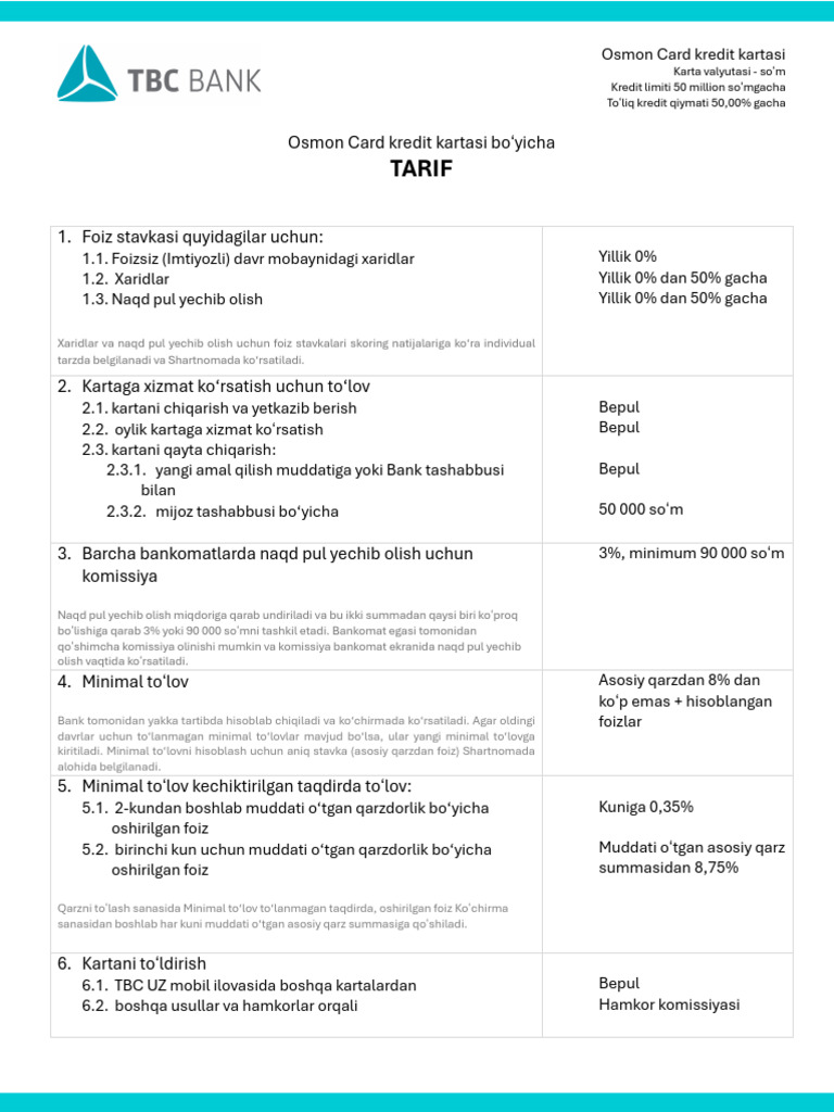 Osmon_Credit_Card_Tariff_UZB_26112024 | PDF