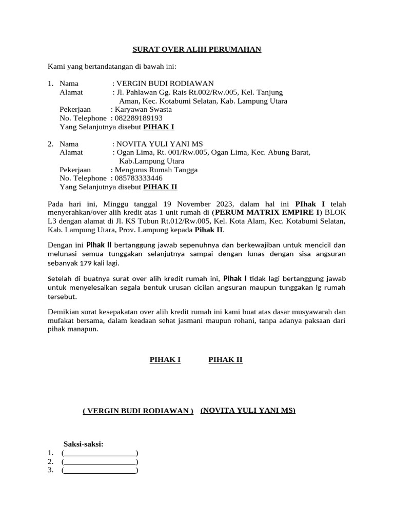 Surat Take Over Rumah | PDF