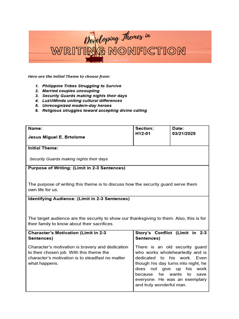 Developing Themes Worksheet | PDF