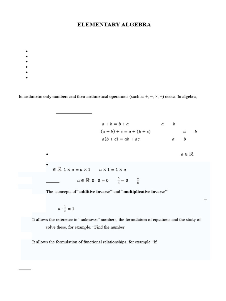 Introduction to Elementary Algebra Concepts | PDF | Algebra | Variable ...