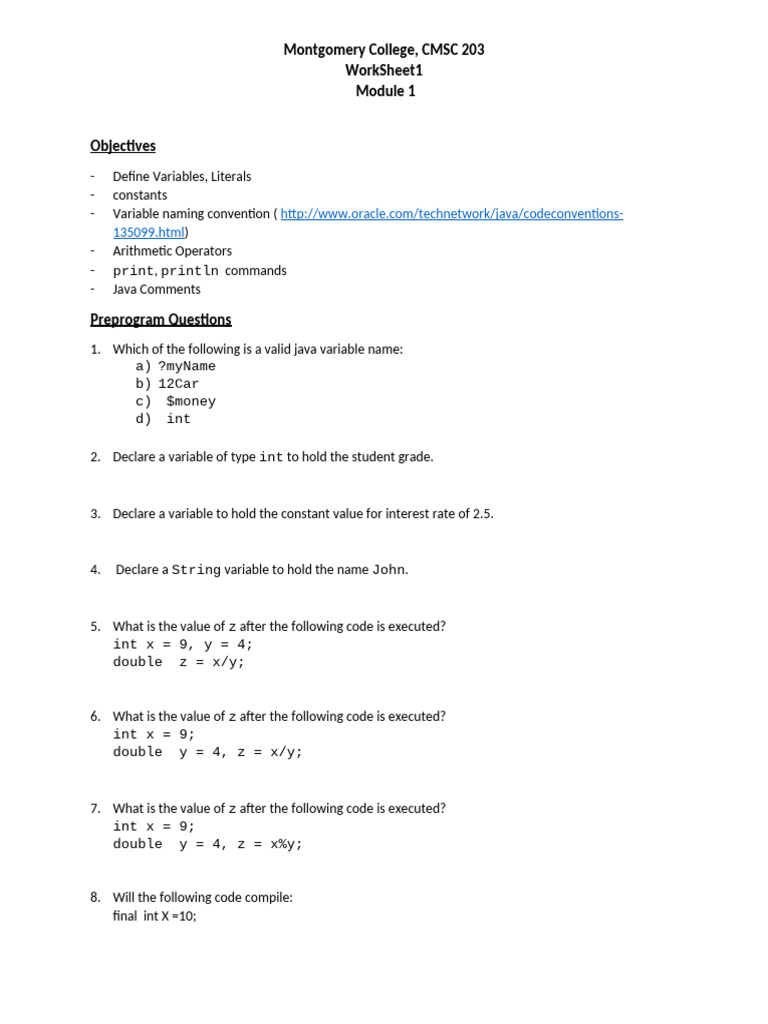 CMSC203_Module1_WorkSheet1_Questions | PDF | Integer (Computer Science) | Variable (Computer ...