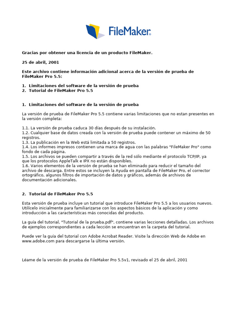 Léeme: FileMaker Pro 5.5 Versión de Prueba | PDF