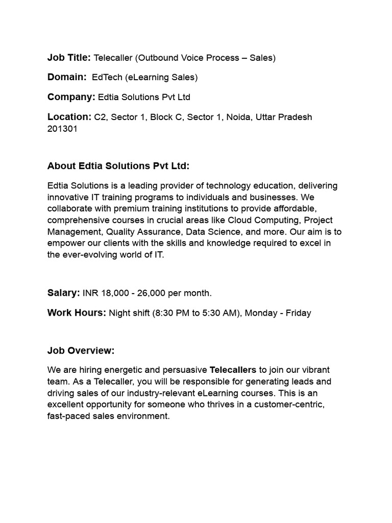 Job Description Telecaller | PDF | Educational Technology | Customer Relationship Management