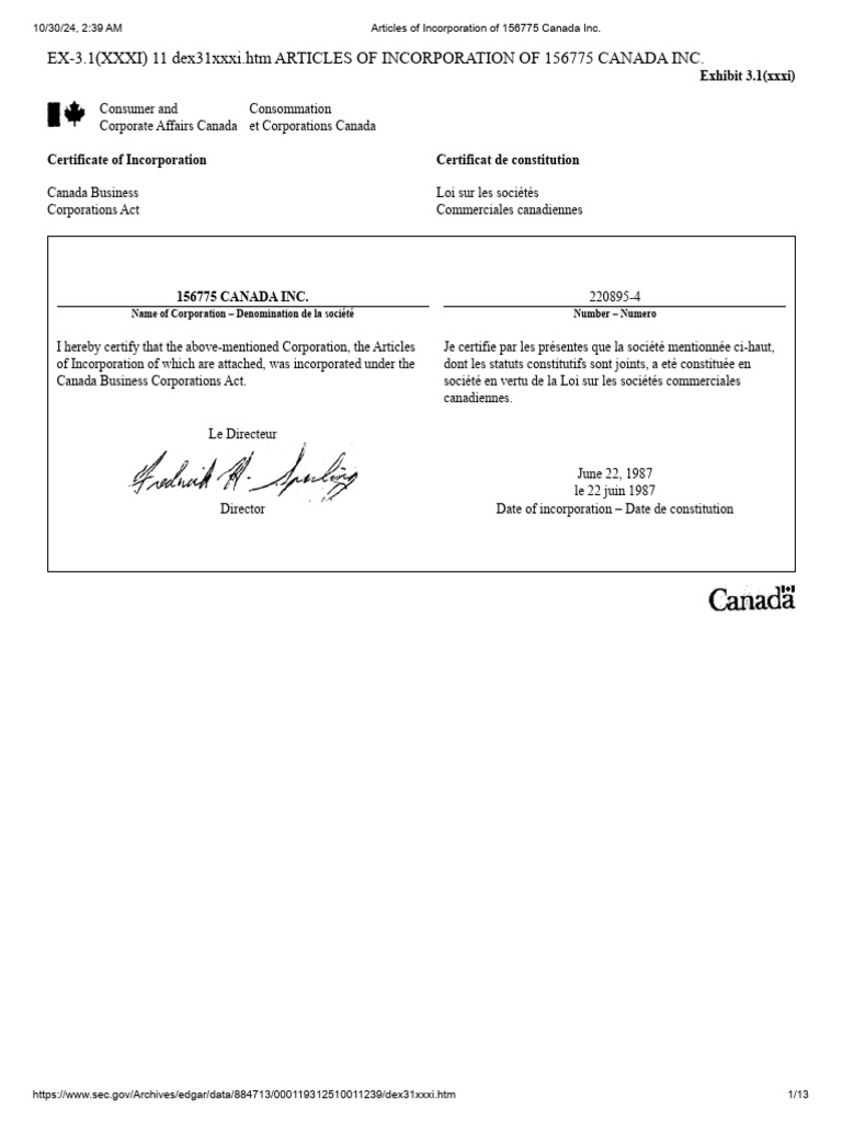 Articles of Incorporation of 156775 Canada Inc | PDF | Liquidation ...