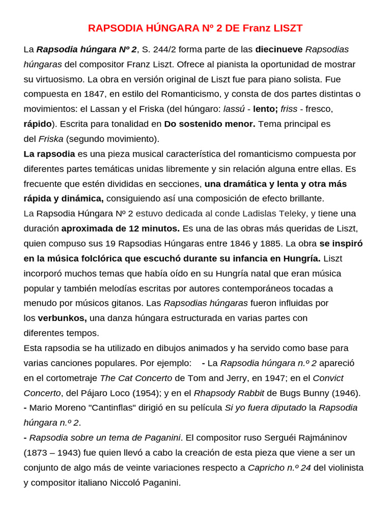 RAPSODIA HÚNGARA #2 DE Franz LISZT | PDF | Franz Liszt | Composiciones ...