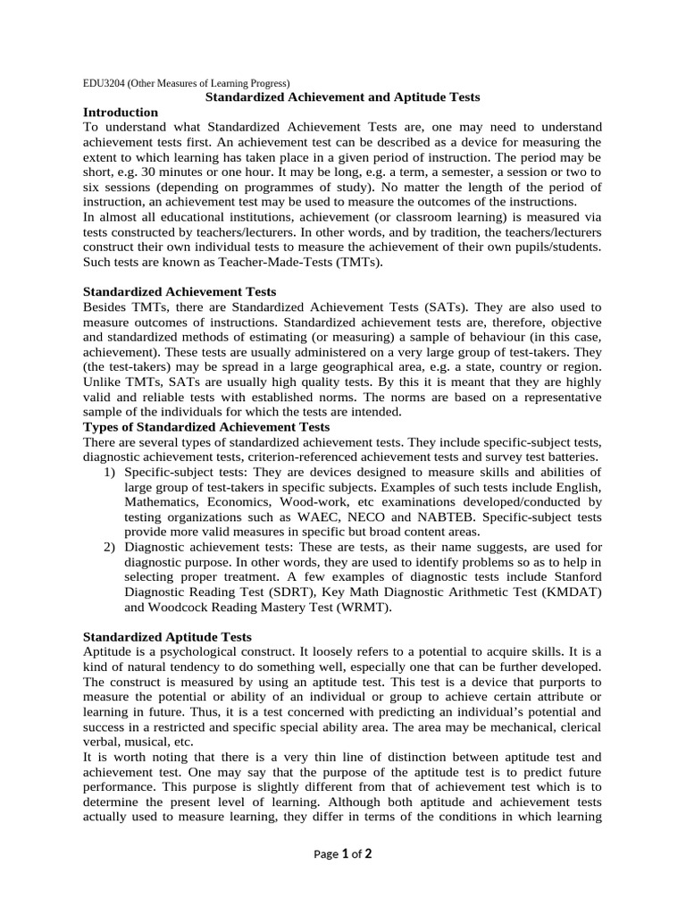 Standardized Achievement and Aptitude Tests - 022031 | PDF | Sat ...