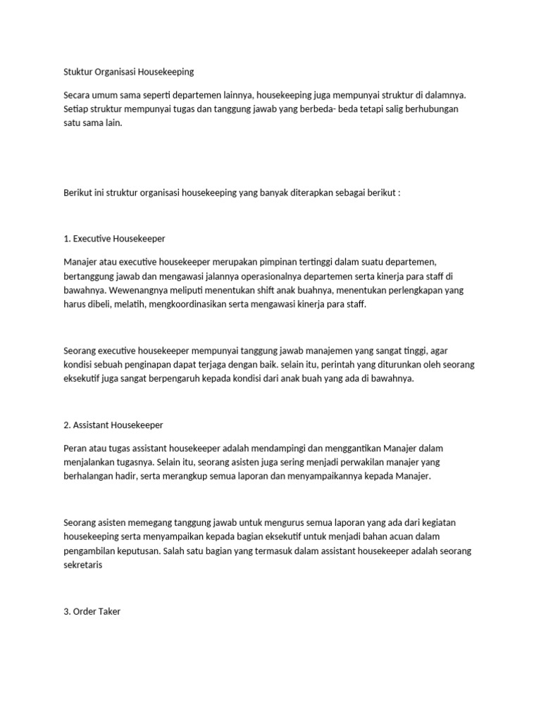 Struktur Organisasi Departemen Housekeeping | PDF