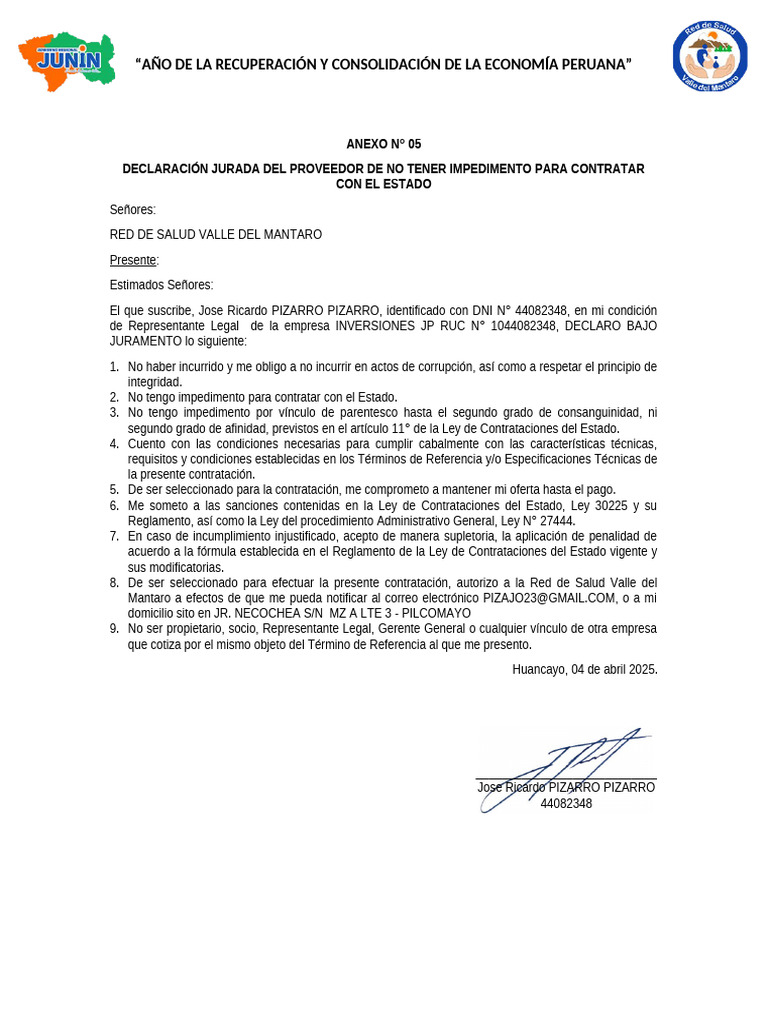 Anexo 05 Declaracion Jurada | PDF
