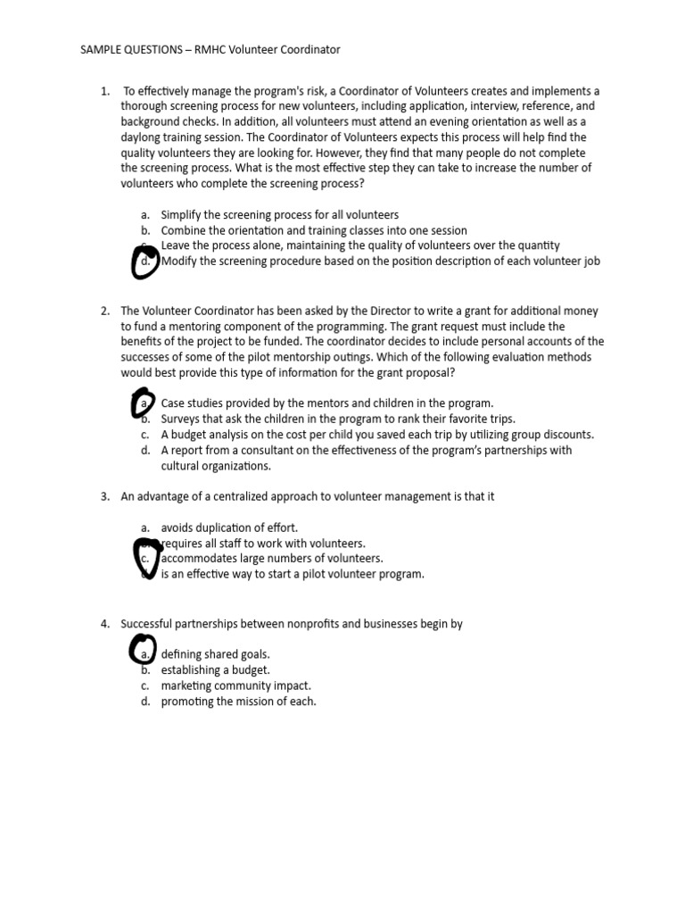 RMHC Volunteer Coordinator Questions | PDF | Mentorship | Volunteering