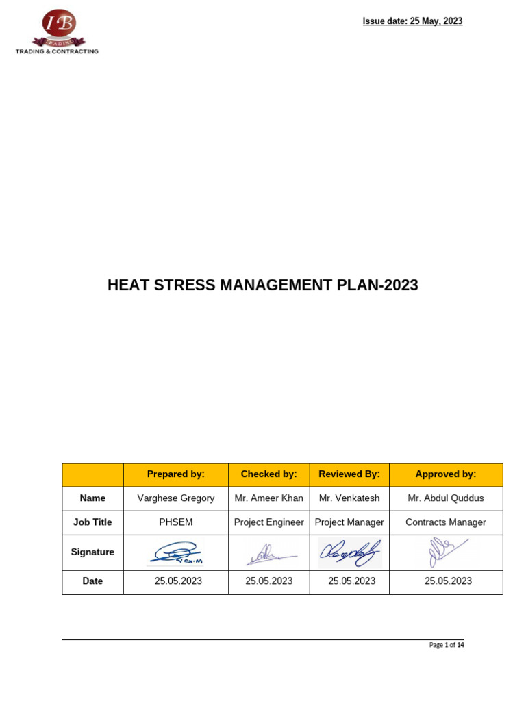 Heat Stress Management Plan-2023 | PDF | Hyperthermia | Humidity