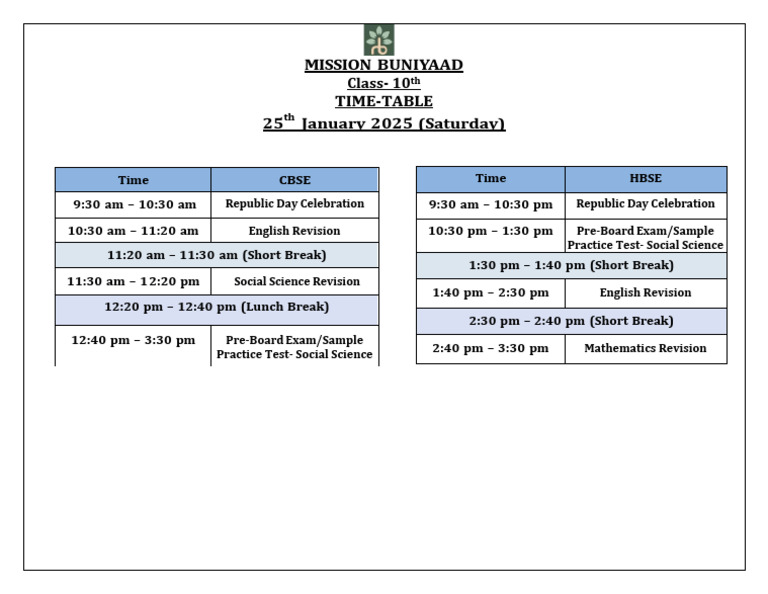 Class 10 Time-Table for Buniyaad 2025 | PDF