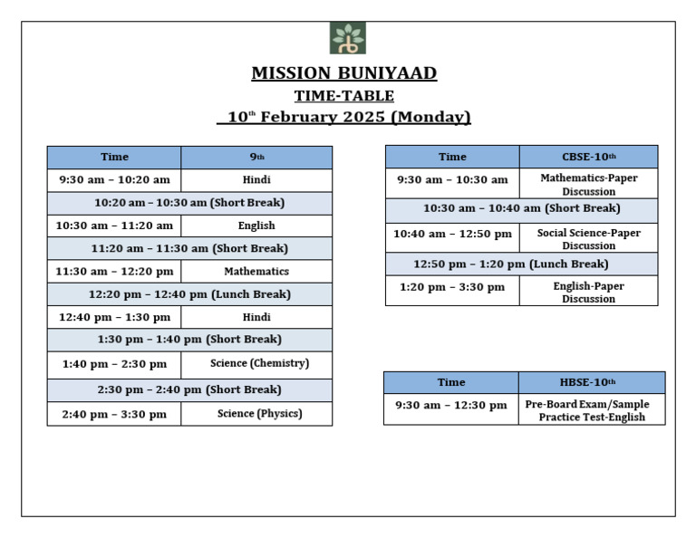 10th Grade Pre-Board Exam Timetable | PDF