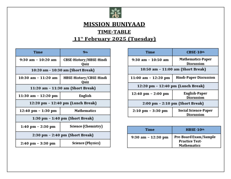 Buniyaad Mission Exam Timetable 2025 | PDF