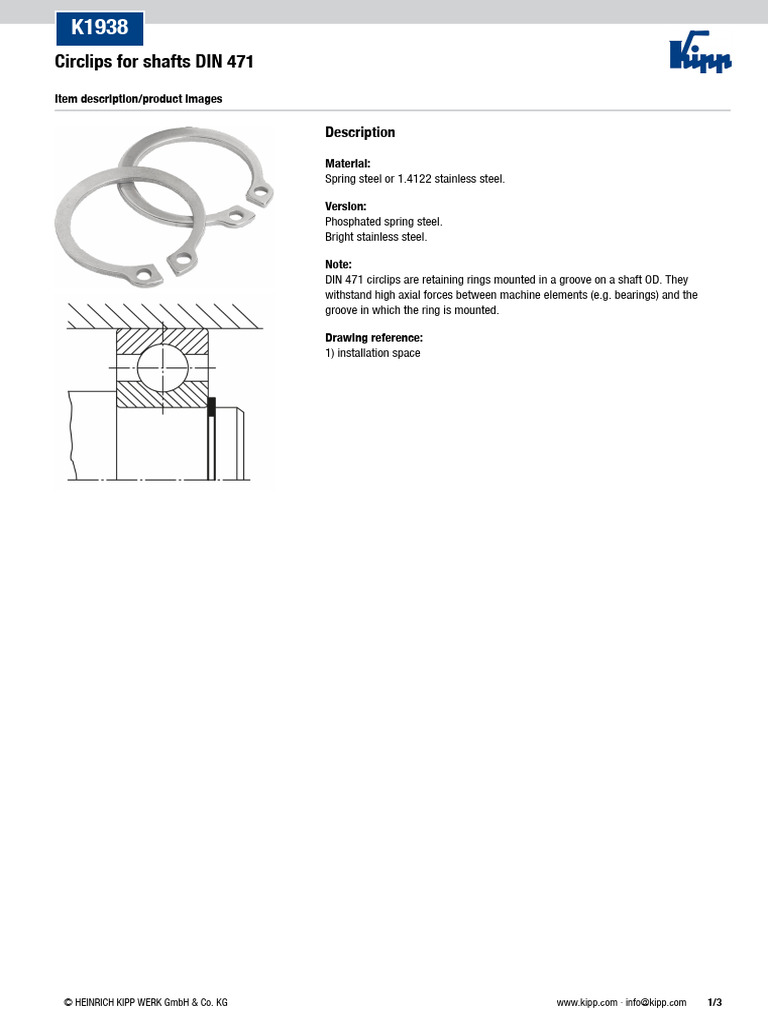 K1938 Datasheet 27300 Circlips For Shafts DIN 471 - en | PDF | Mechanical Engineering