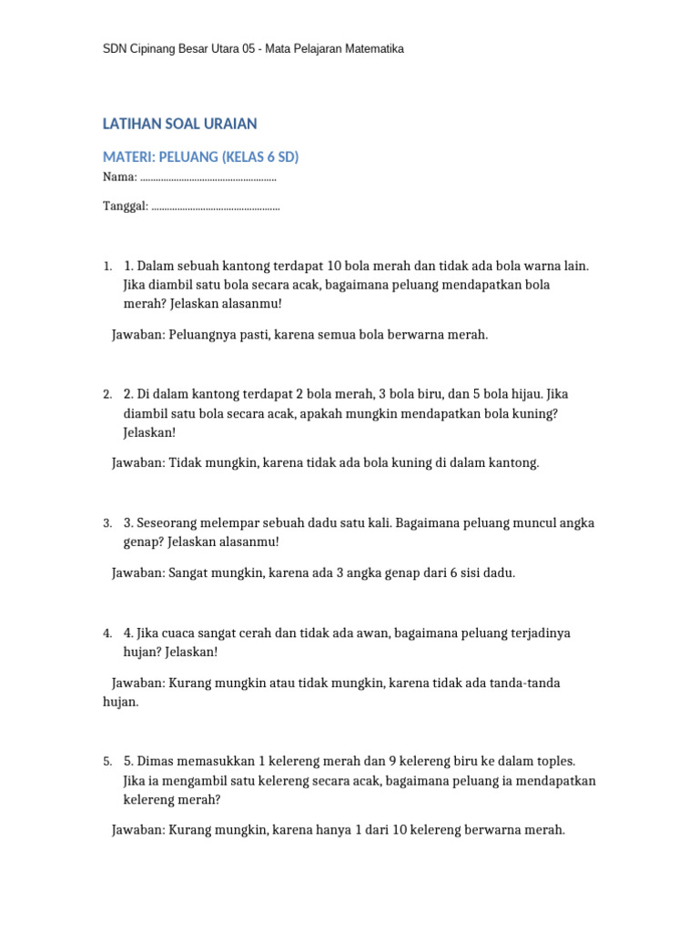 Latihan Soal Peluang Kelas 6 Kunci | PDF