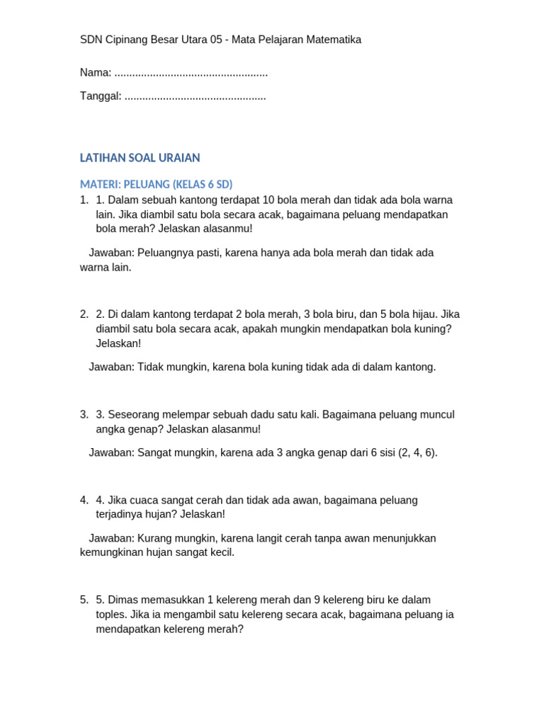Latihan Soal Peluang Kelas 6 Dengan Jawaban | PDF