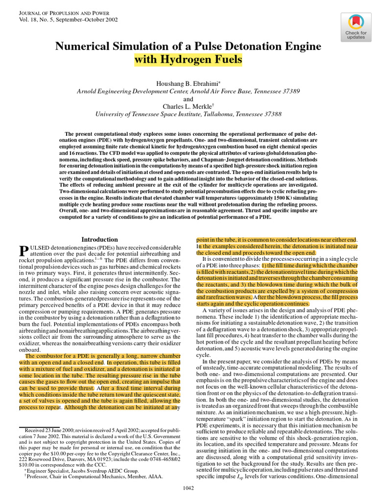Ebrahimi Merkle 2012 Numerical Simulation of A Pulse Detonation Engine With Hydrogen Fuels | PDF ...