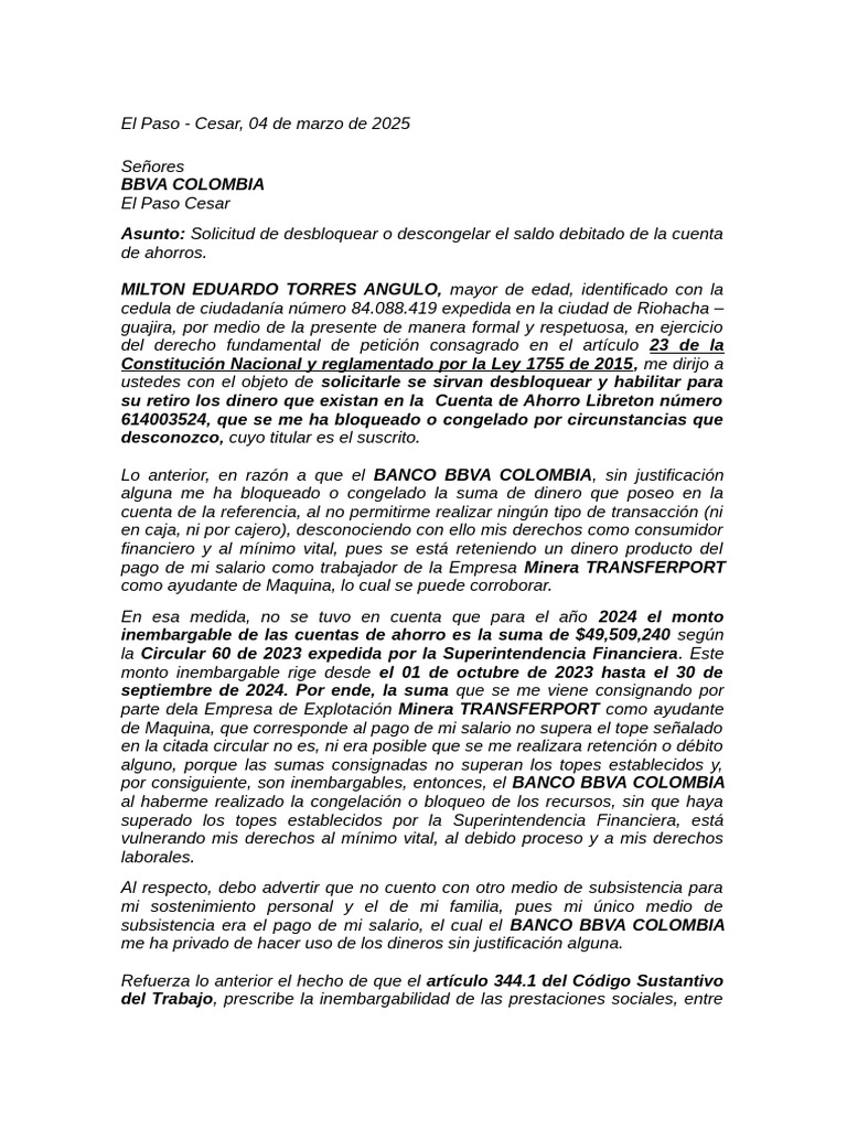 Solicitud Desbloqueo y Desembargo - Cuenta de Ahorro - 1 | PDF | Derecho Constitucional | Bancos