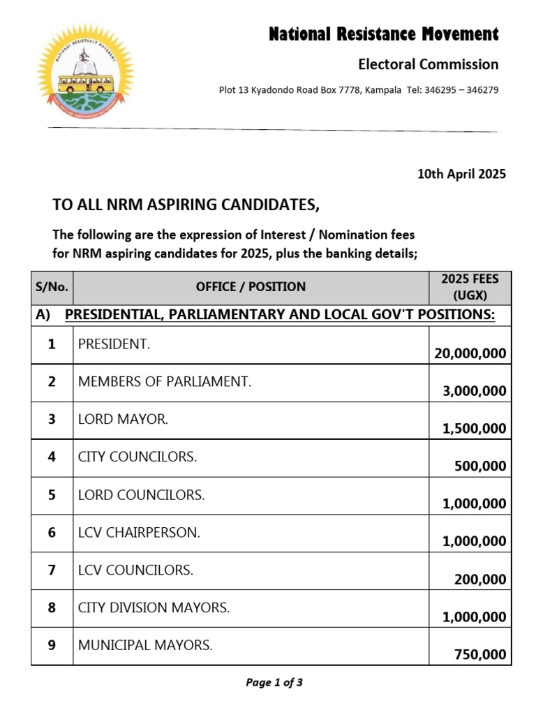 NRM Nomination Fees for 2025 Candidates | PDF | Presidents | Government ...