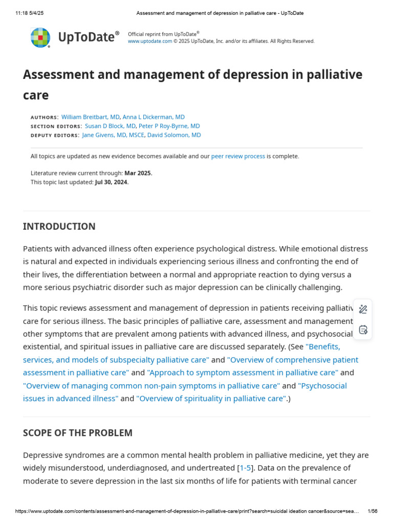 Assessment and Management of Depression in Palliative Care - UpToDate ...