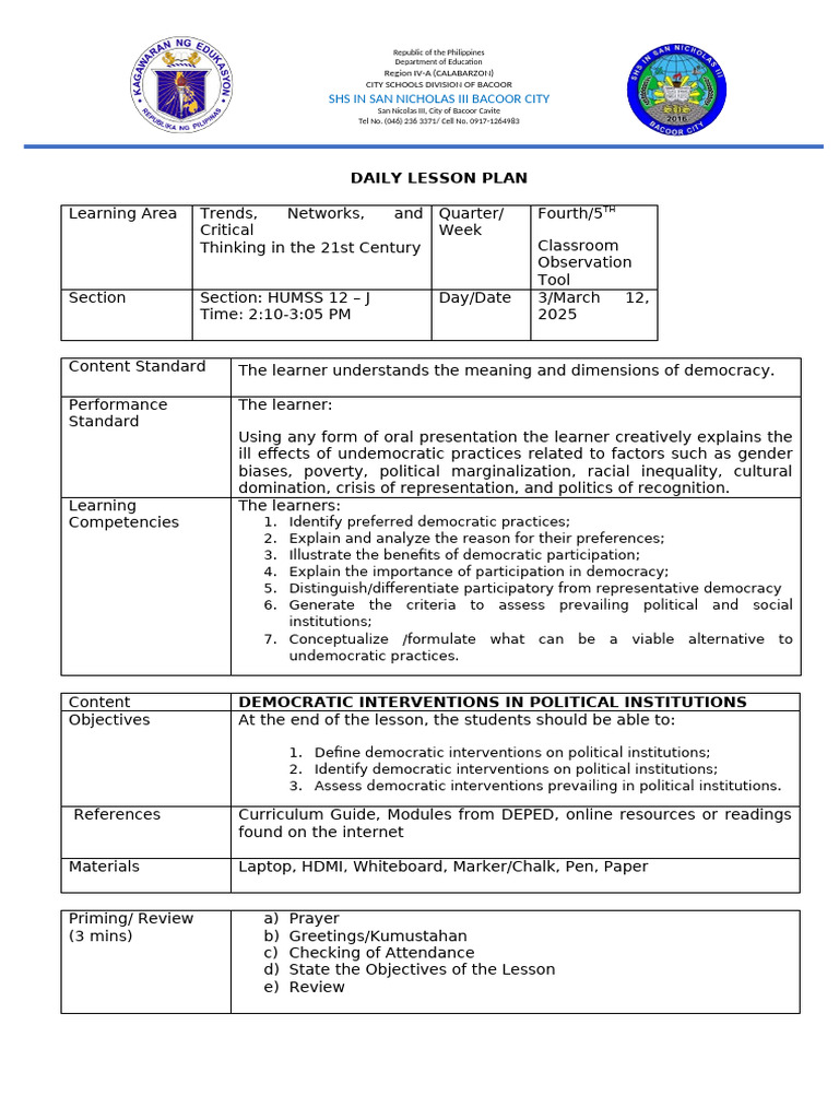 Lesson Plan Democratic Interventions | PDF | Democracy | Political ...