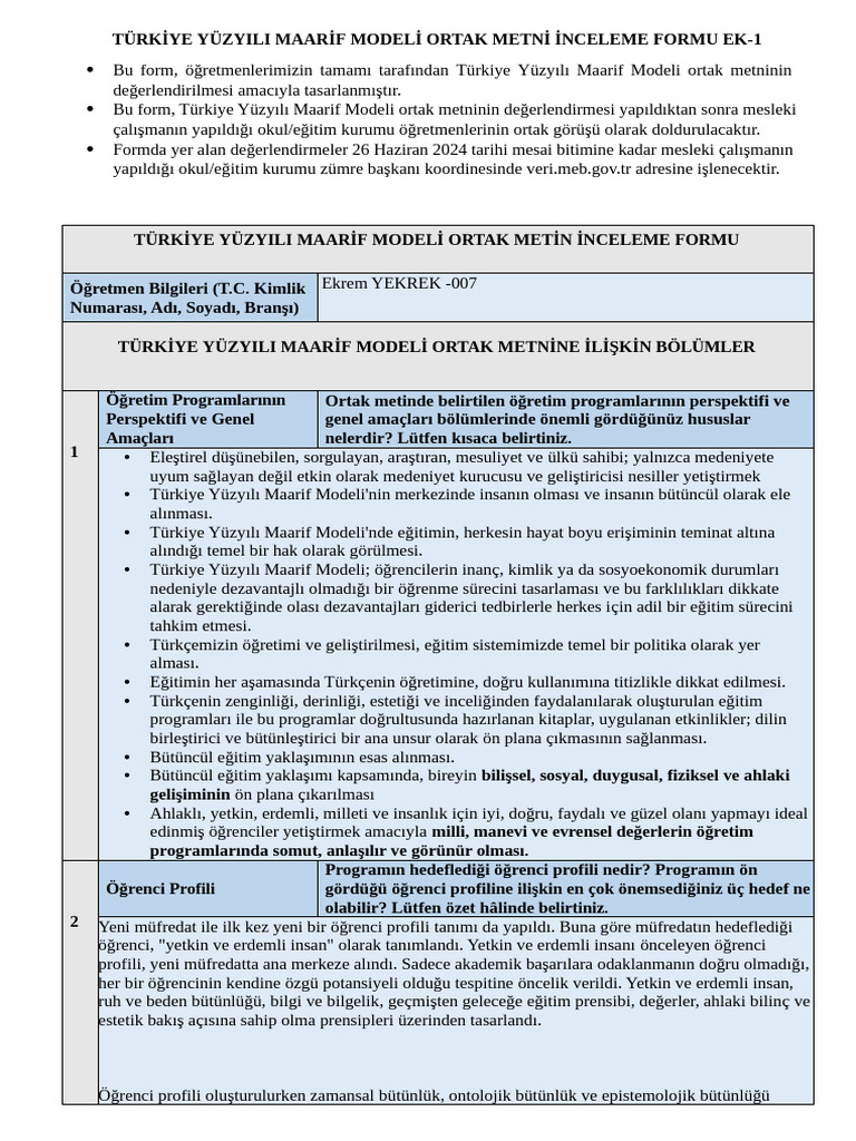 TURKIYE-YUZYILI-MAARIF-MODELI-ORTAK-METNI-INCELEME-FORMU-EK-1 | PDF