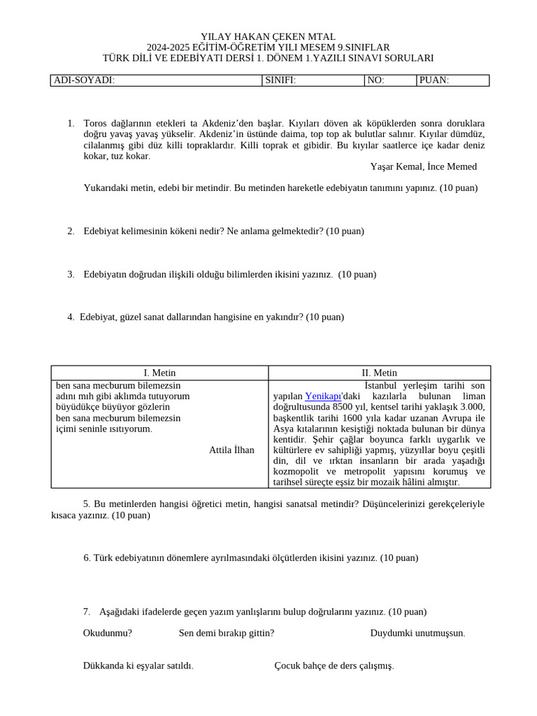 9 MESEM 1. DÖNEM 1. SINAV SORU VE CEVAPLARI | PDF