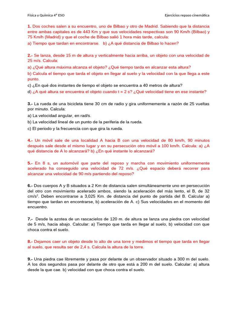 Ejercicios de Cinemática para 4º ESO | PDF | Velocidad | Cinemática