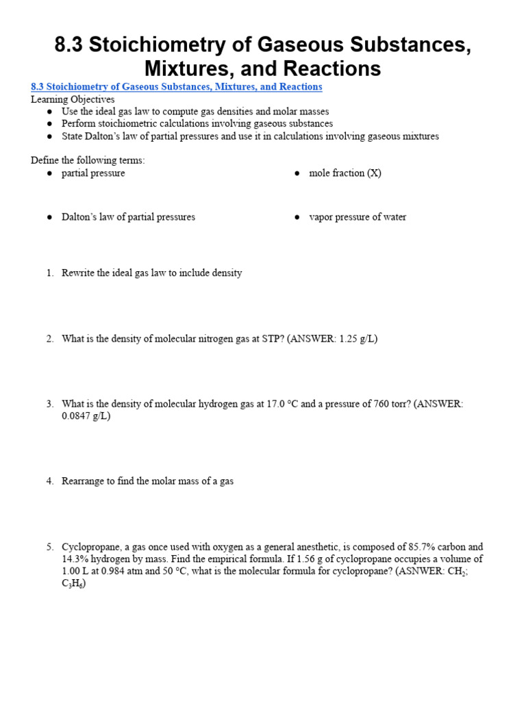 8.3 Stoichiometry of Gaseous Substances, Mixtures, and Reactions | PDF ...