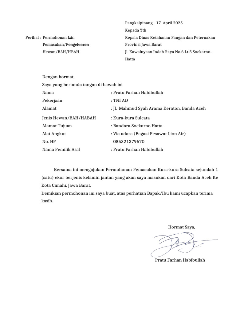 Surat Permohonan Rekomendasi Pemasukan - Rian Tanjung | PDF