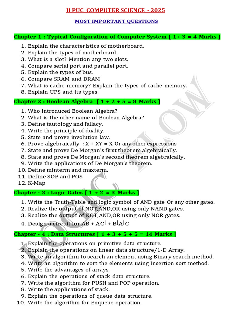2nd PUC Computer Science - Most Important Questions - 2025 FOR YouTube | PDF | Databases | Queue ...