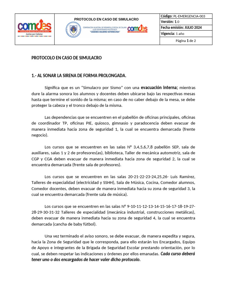 Protocolo de Simulacro de Emergencia | PDF
