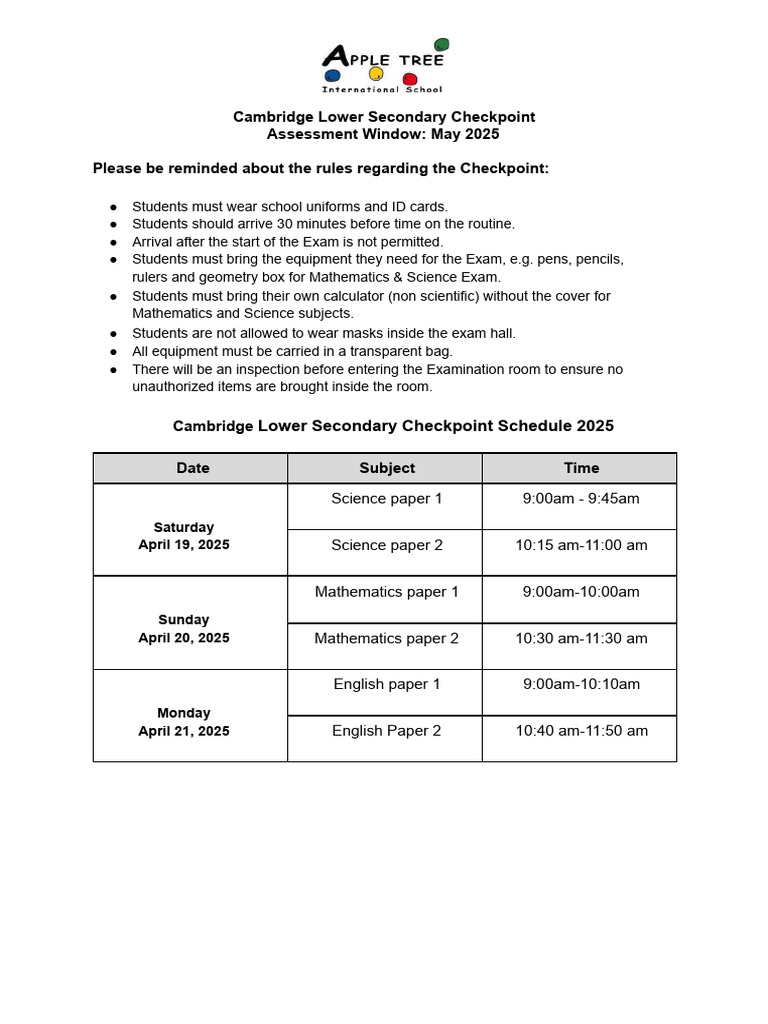 Cambridge Lower Secondary Checkpoint Assessment Window: May 2025 Please Be Reminded About The ...