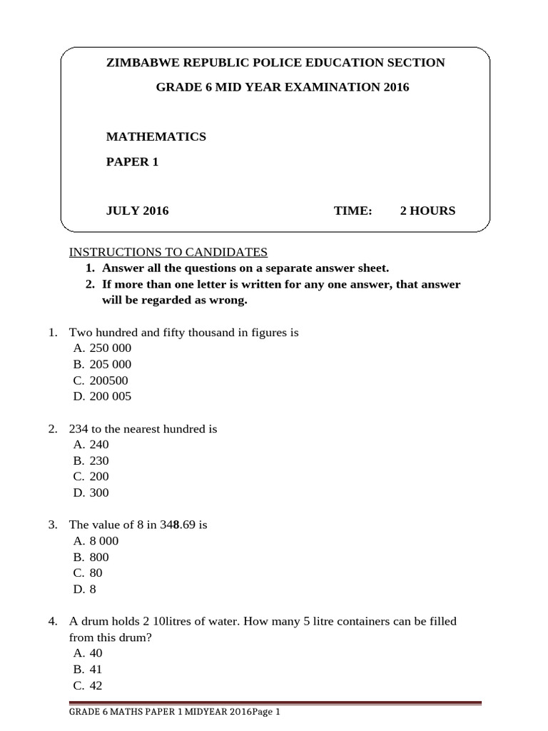 Grade 6 Maths p1 Midyr 2016 | PDF